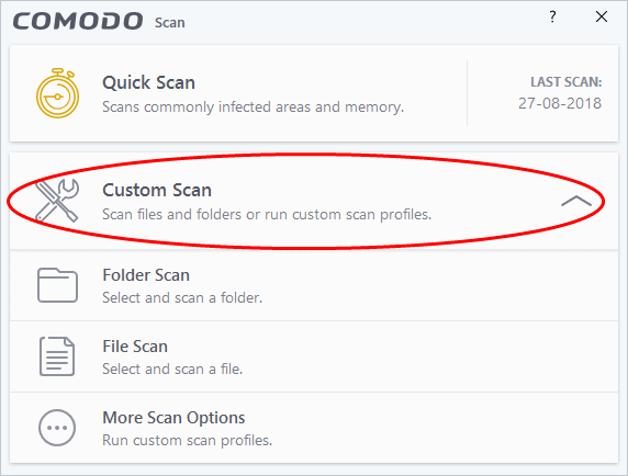 Run A Custom Scan, Virus Scan, Scan My PC | Comodo Client Security For Windows